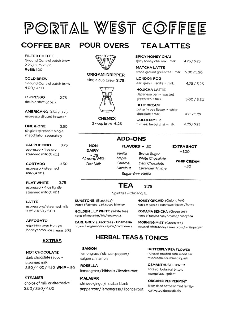 Cafe Menu – Fresh Roasted Daily | Akron, Ohio | Portal West Coffee